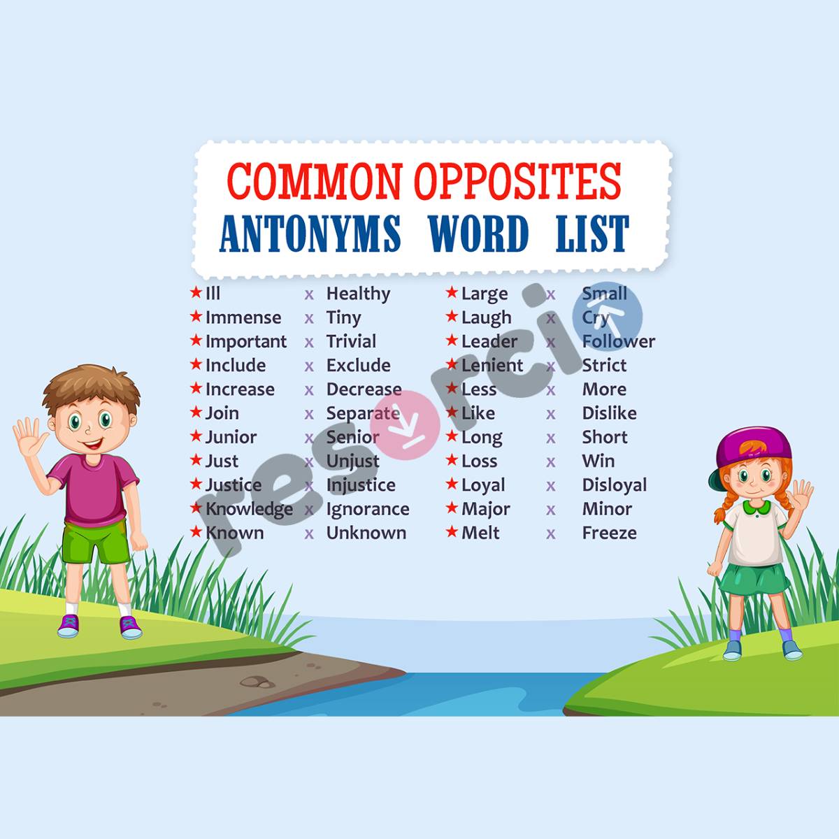 Common Opposites Antonyms Word List - Template 10