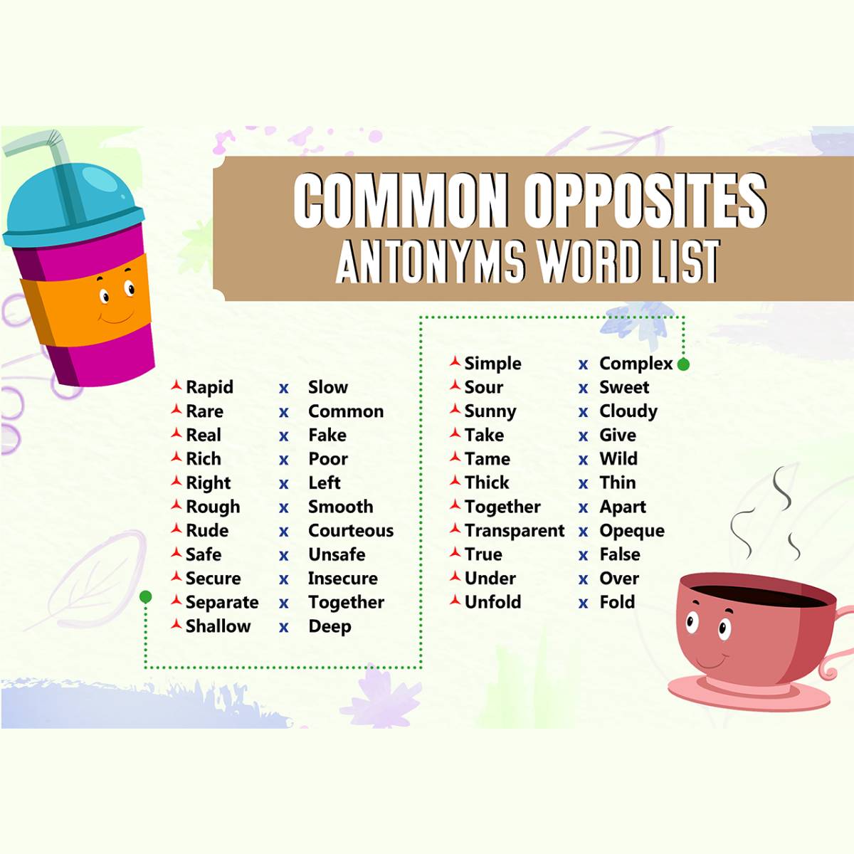 Common Opposites Antonyms Word List - Template 18